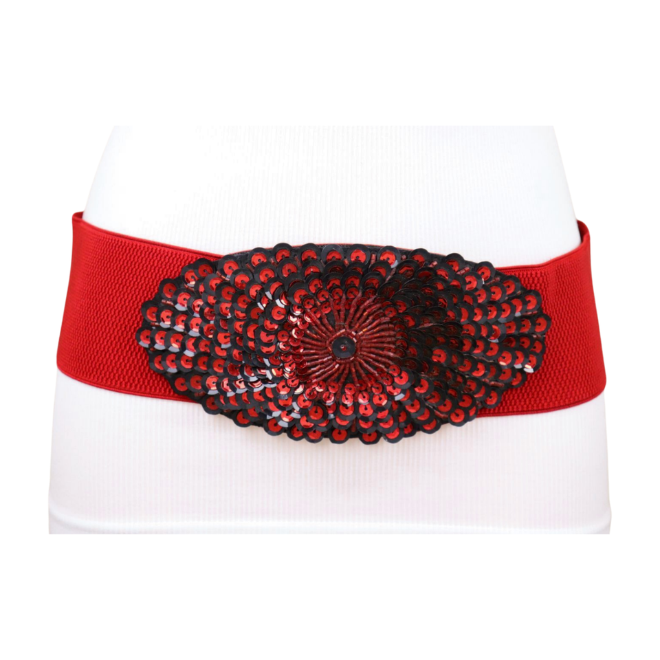 Women Red Wide Elastic Dance Dress Fancy Belt Black Sequins Peacock ...