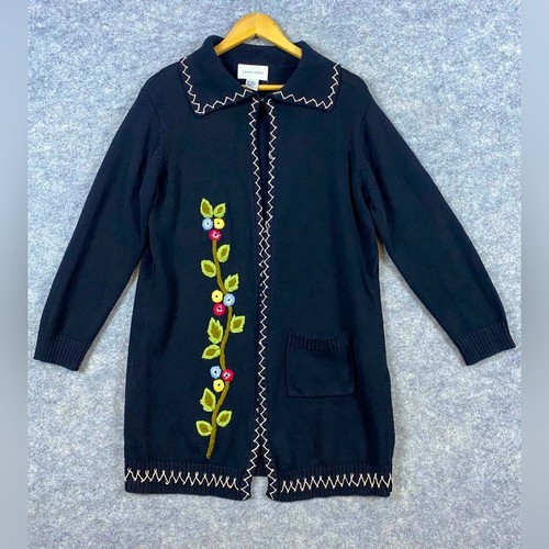 Lemon Grass Long Cardigan Sweater Size L Black Floral Embroidered Artsy ...