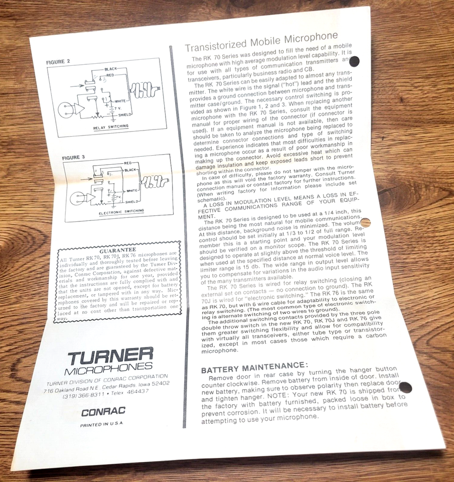 Turner Road King Microphone Specifications for RK 70, RK 70J, RK 76 ...