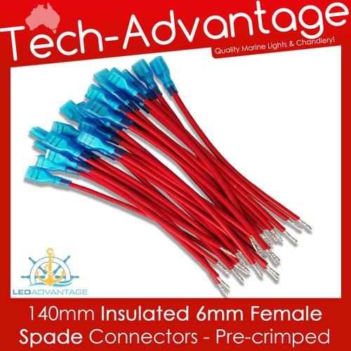 140MM INSULATED 6MM FEMALE PRE-CRIMPED SPADE CONNECTORS (PACK OF 5, 10 ...