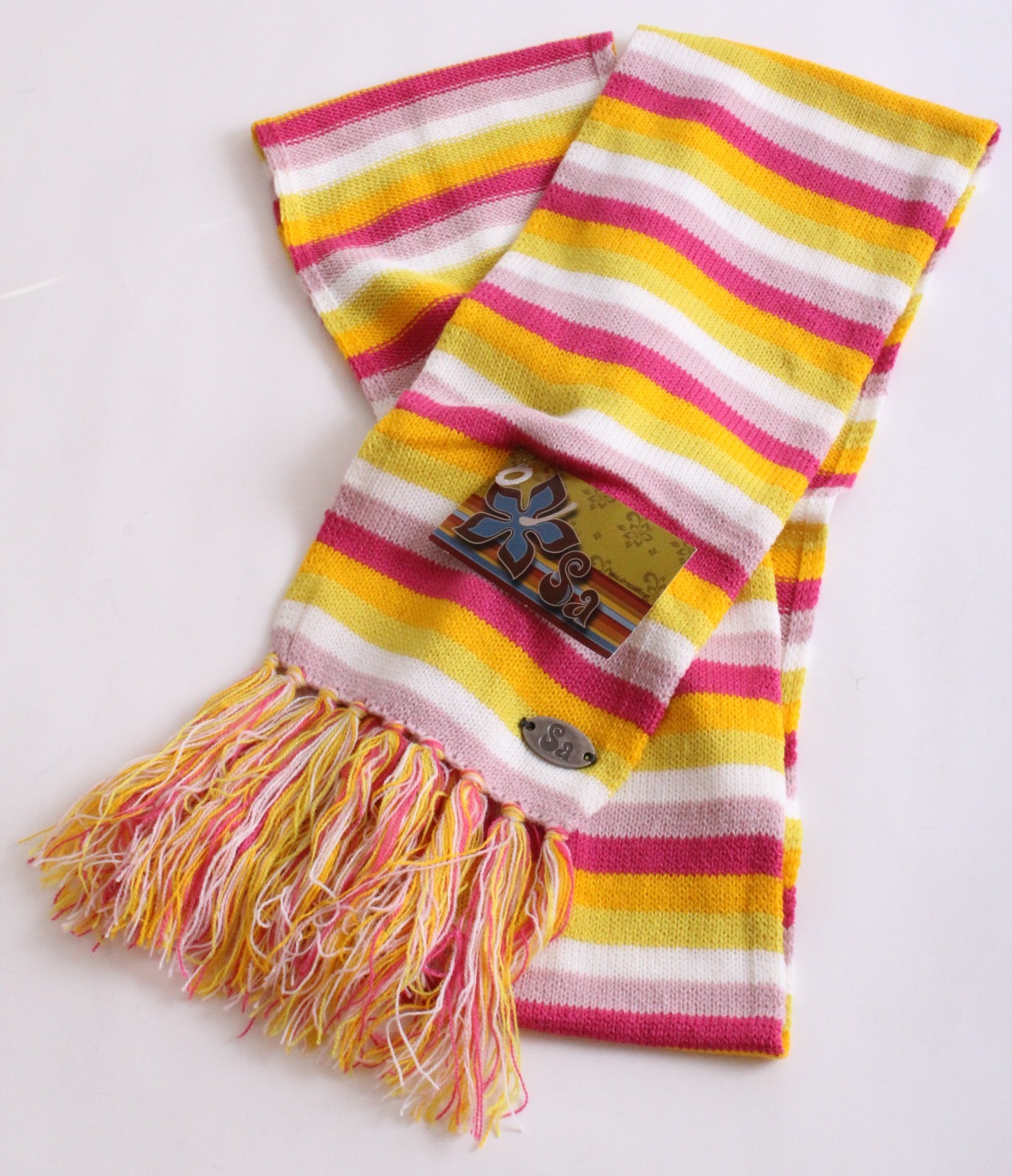 ERICA PINK AND YELLOW STRIPED LONG SCARF WITH FRINGE | eBay