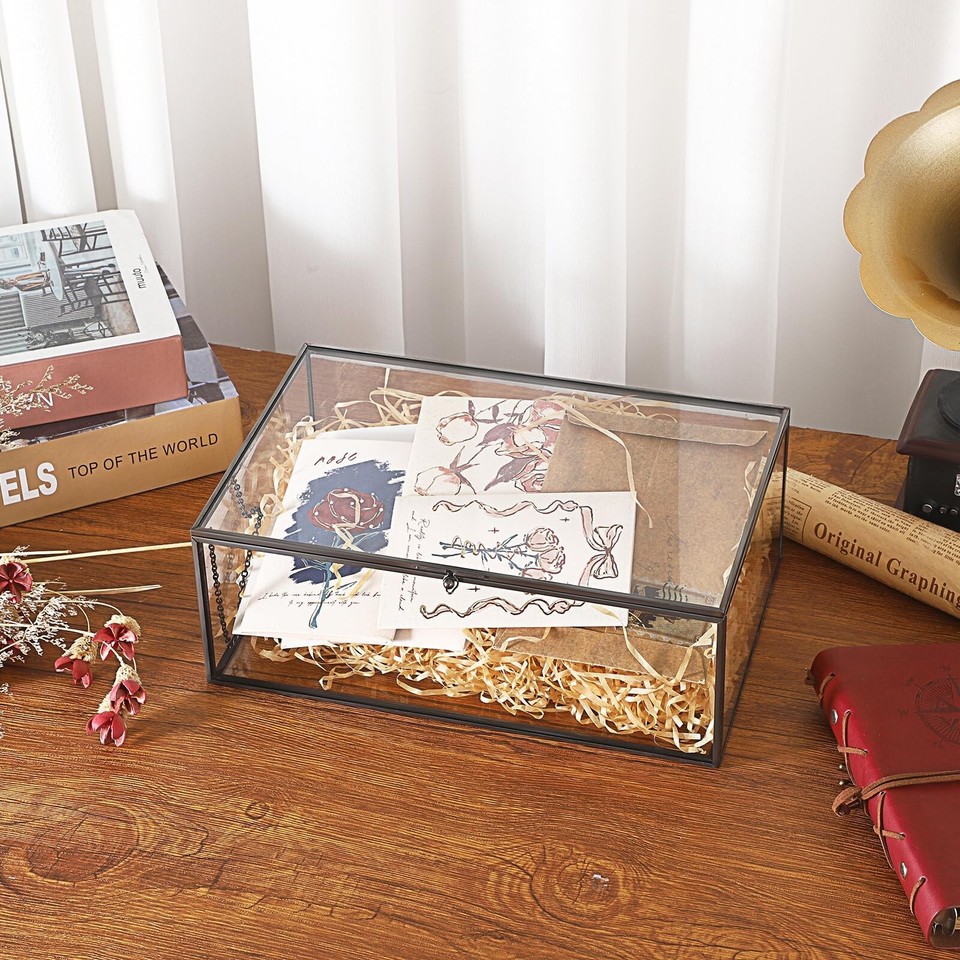 Hipiwe Vintage Glass Box with Lid - Rectangle Jewelry Display Organizer ...