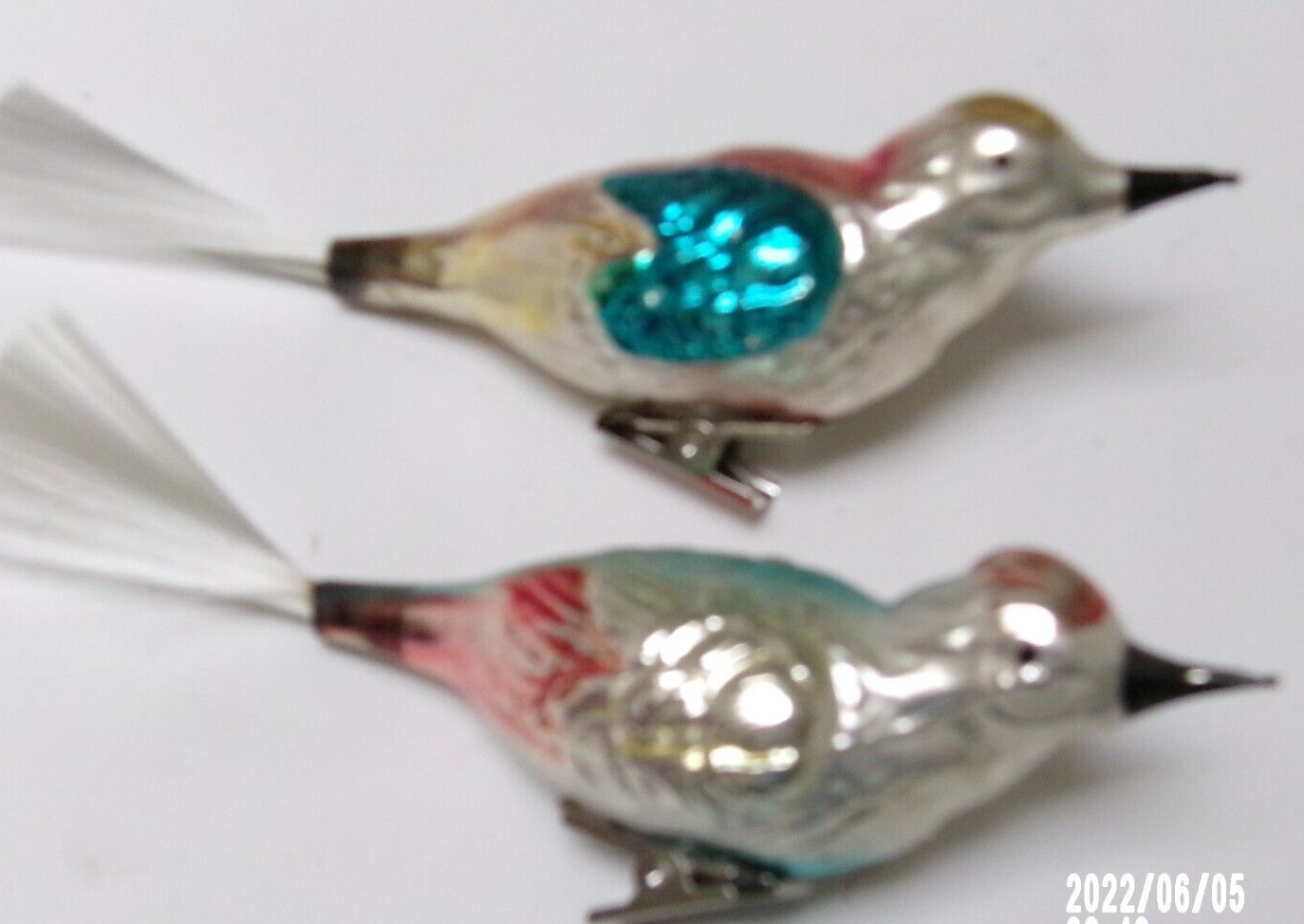 2 Vtg Blown Glass Birds w/Spun Glass Tails Christmas Ornaments Replaced ...