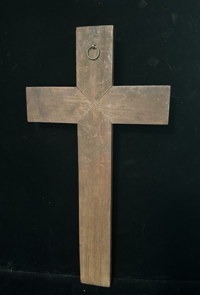 Vintage Wood Mahogany Brass Inlay Wall Crucifix Cross Jesus Christ Inri ...
