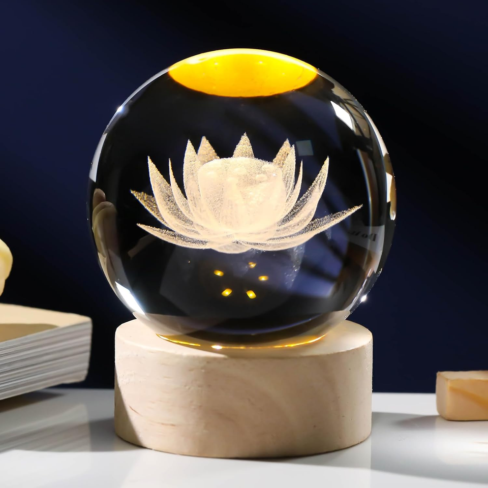 3D Engraving Lotus Flower Figurine Crystal Ball with Wooden Light Base ...