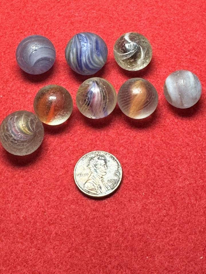 Set Lot Of 9 Antique Marbles German Handmade Cane Droplet Flattened ...