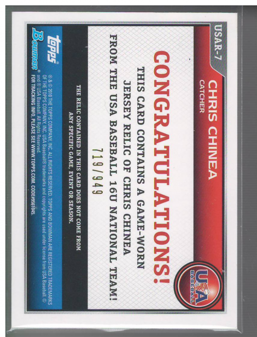 Z2507 - 2010 Bowman Draft USA Baseball Maillots #USAR7 Chris Chinea ...