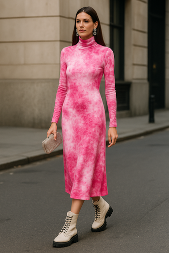 RACHEL ROY Hot Pink TIE-DYE VELVET Bodycon MOCK Neck AMANDA MIDI Dress ...