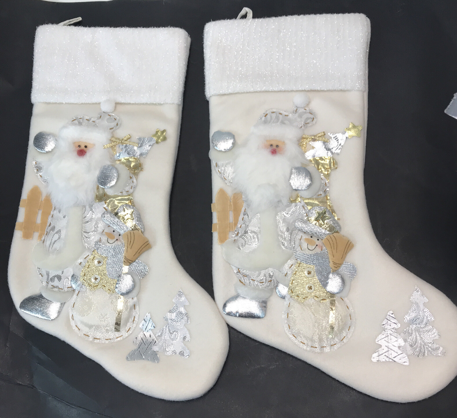 Set of 2 White Plush Christmas Stockings Lined 17" Decorated w/ Santa ...