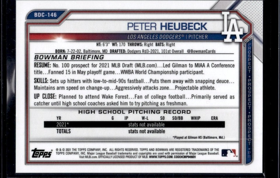 2021 Bowman Draft Sapphire Yellow Refractor 76/99 Peter Heubeck 1st ...