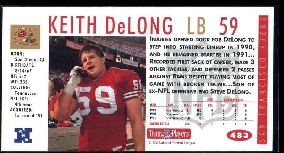 1992 Fleer Game Day Tall Boy Keith DeLong #483 San Francisco 49ers | eBay