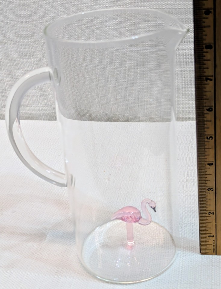 Flamingo Pitcher & 4 Drinking Glasses Decanter Set w/Pink Blown Glass ...