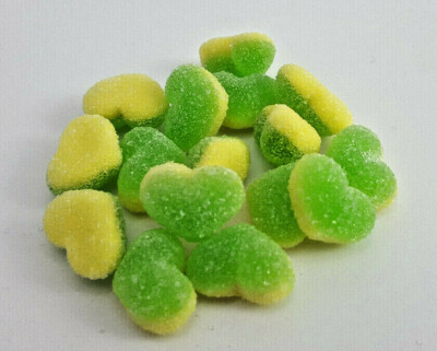 Fizzy Apple & Custard Mini Hearts Sweets Green Yellow Chewy Cany Retro ...