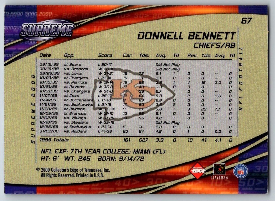2000 COLLECTOR'S EDGE SUPREME DONNELL BENNETT KANSAS CITY CHIEFS #67 | eBay