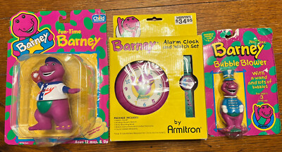Lot of 3 Barney Toys New in Package Alarm Clock & Watch, bubbles, all ...