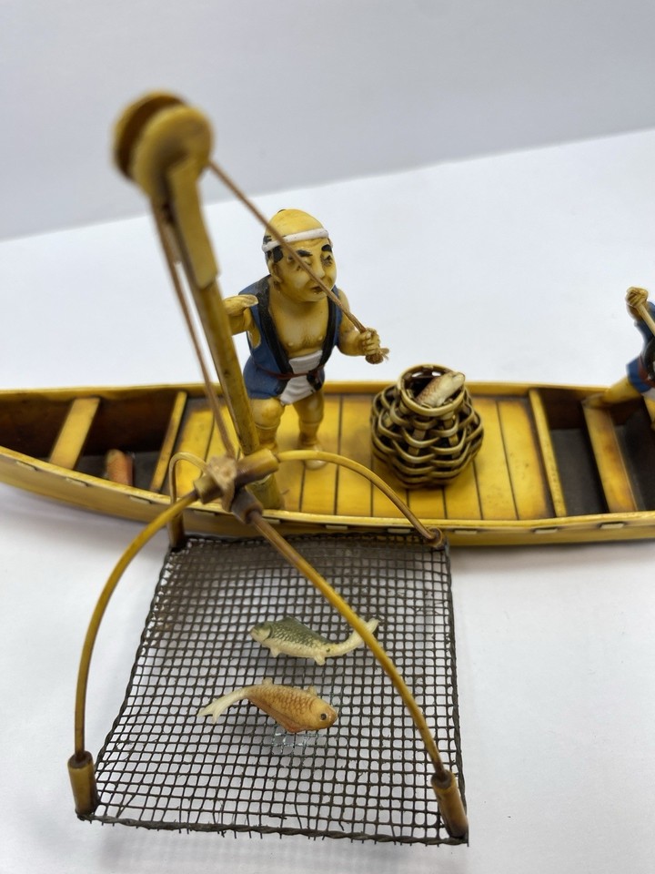 Rare Vintage Japanese Celluloid Fishermen in Boat Netted Fish Basket ...