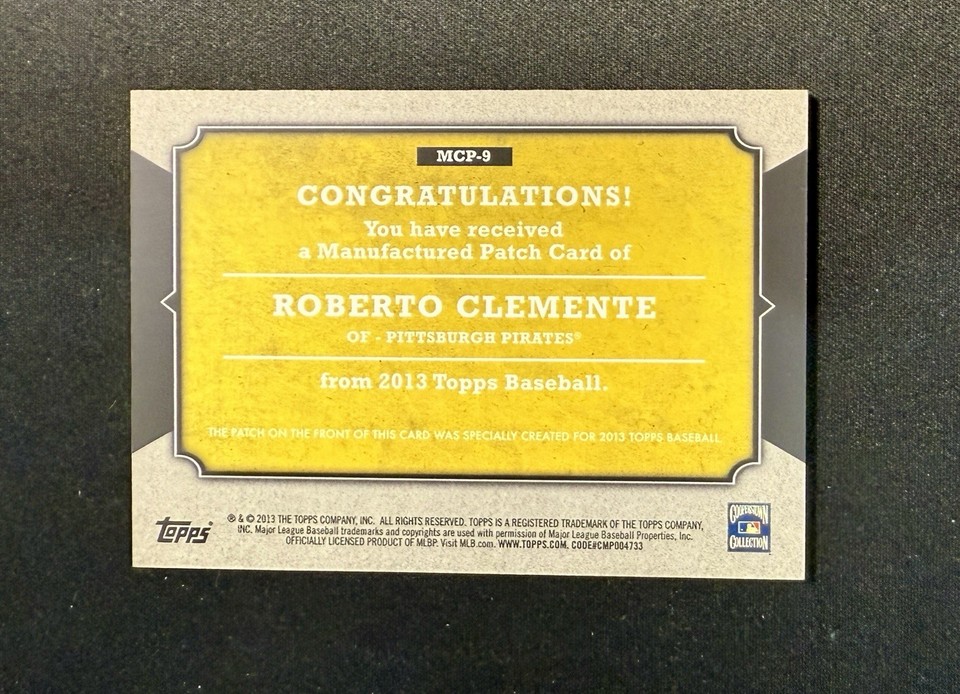 Roberto Clemente 2013 Topps Manufactured Topps Card Patch # MCP- 9 ...