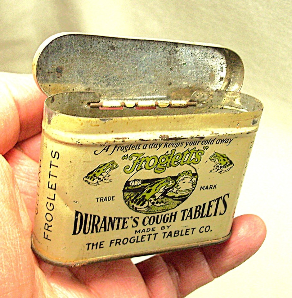 Antique ☆ 1930's ☆ "FROGLETTS" ☆ Durante's Cough Tablets Tin ☆ Utica, N ...