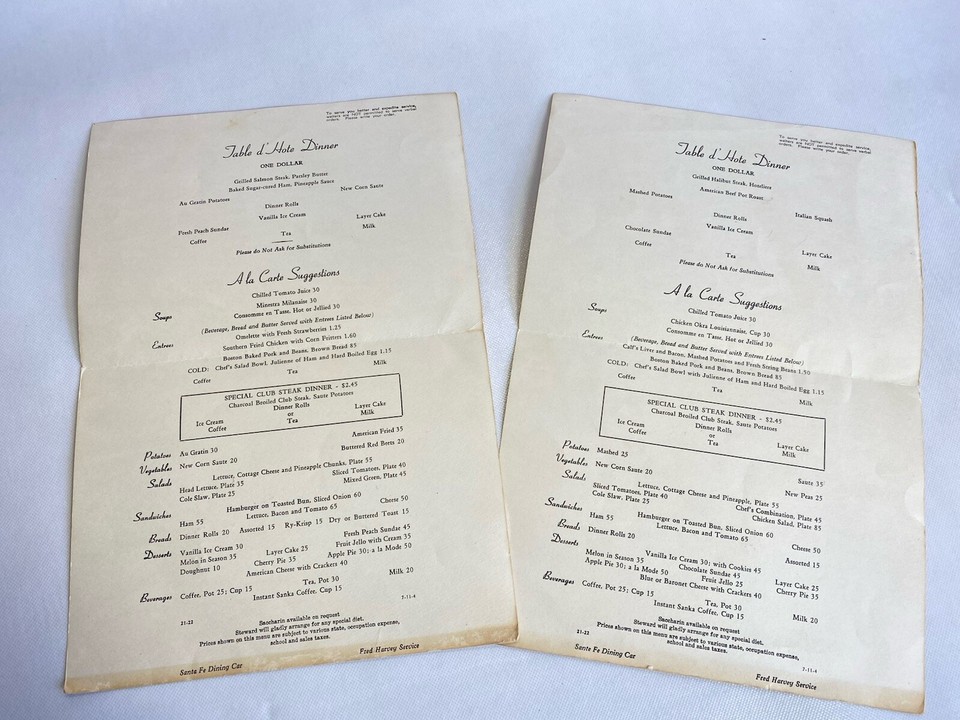 2-Santa Fe Railroad Dining Car Menu Fred Harvey-Grand Canyon-Santa Fe ...