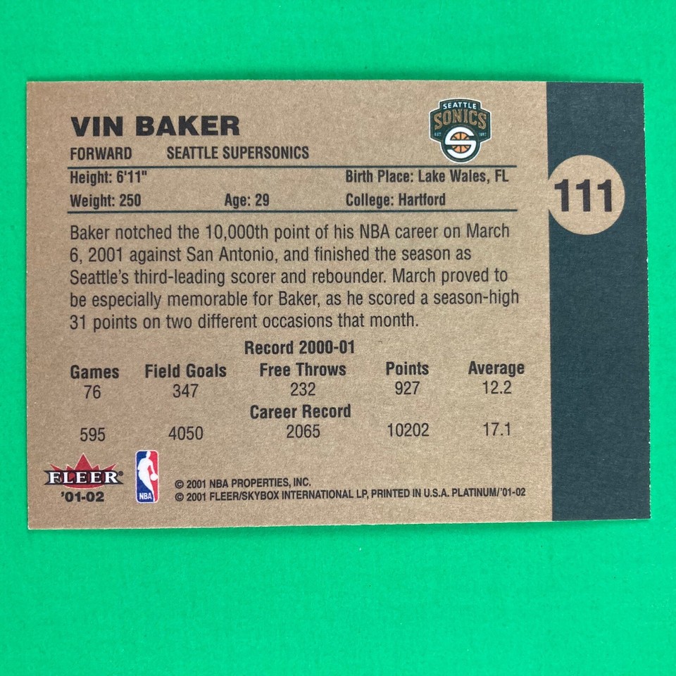 Vin Baker 2001-02 Fleer Platinum Card #111 NBA Seattle Supersonics | eBay