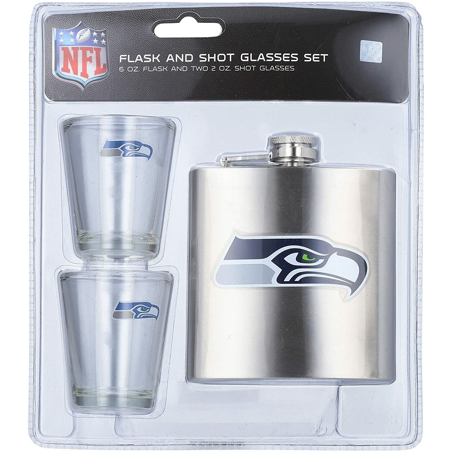 NFL Seattle Seahawks Shot Glasses & Brushed Stainless Steel Flask Set ...