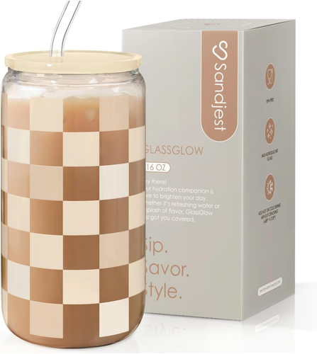 Checkerboard Glass Bottle, Beige Checker Glass Cup with Lid & Straw ...