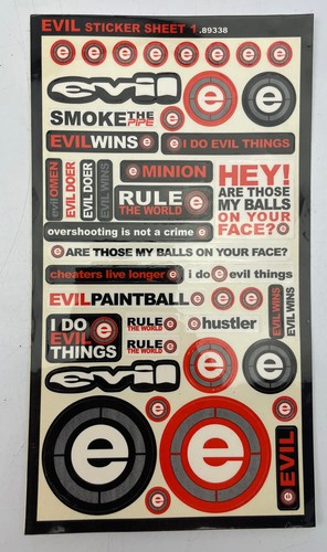 EVIL Sticker Sheet 1 Paintball Promo Decals HEY! ARE THOSE MY BALLS ON ...