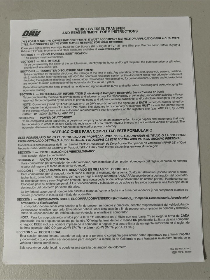 50X Reg 262 Form CA Bill of Sale Original | eBay