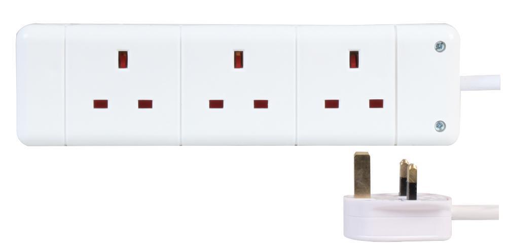 3 Gang Way 3m Metre 13A Mains Power Extension Socket Lead Cable White ...