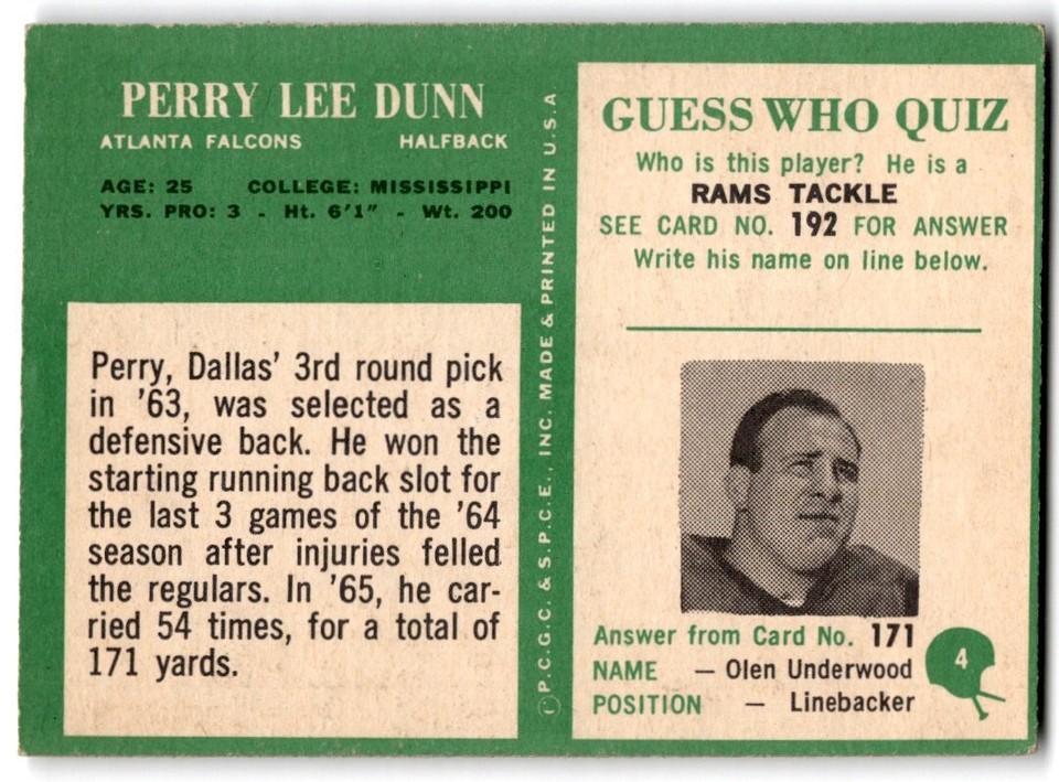 1966 Philadelphia Perry Lee Dunn RC Atlanta Falcons #4 | eBay