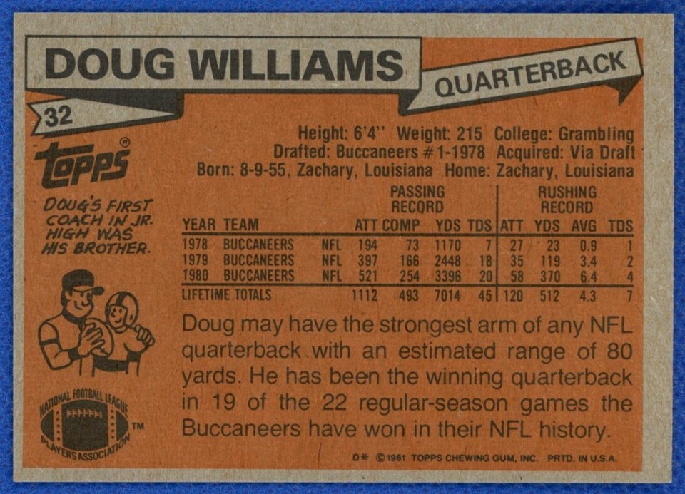 1981 Topps Football Set Break # 32 Doug Williams Tampa Bay Buccaneers ...