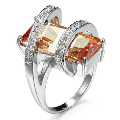 Natural Rectangle Honey Morganite White Zirone Gems Silver Wedding Ring ...