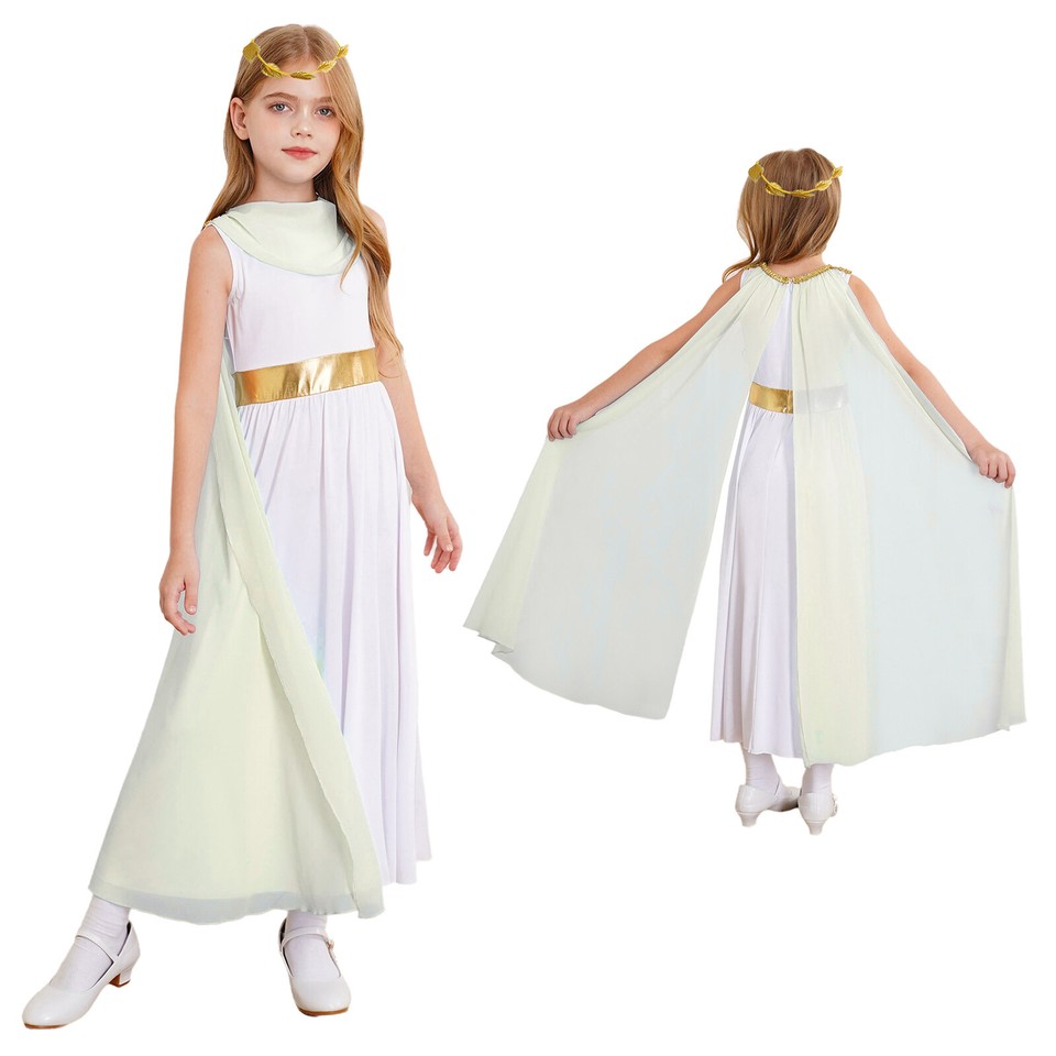 Kids Girls Toga Gown Dress Maxi Ancient Greek Fancy Costume Headwear ...
