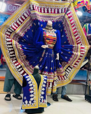 Afghan long blue kochi nikkah dress for women and wasket.couple kochi ...