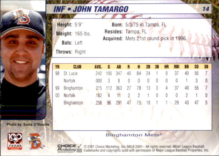 2001 Binghamton Mets Choice #14 John Tamargo Tampa Florida FL Baseball ...