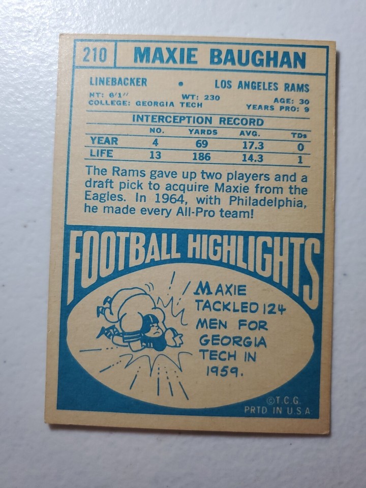 1968 MAXIE BAUGHAN TOPPS LOS ANGELES RAMS #210 VINTAGE FOOTBALL CARD | eBay