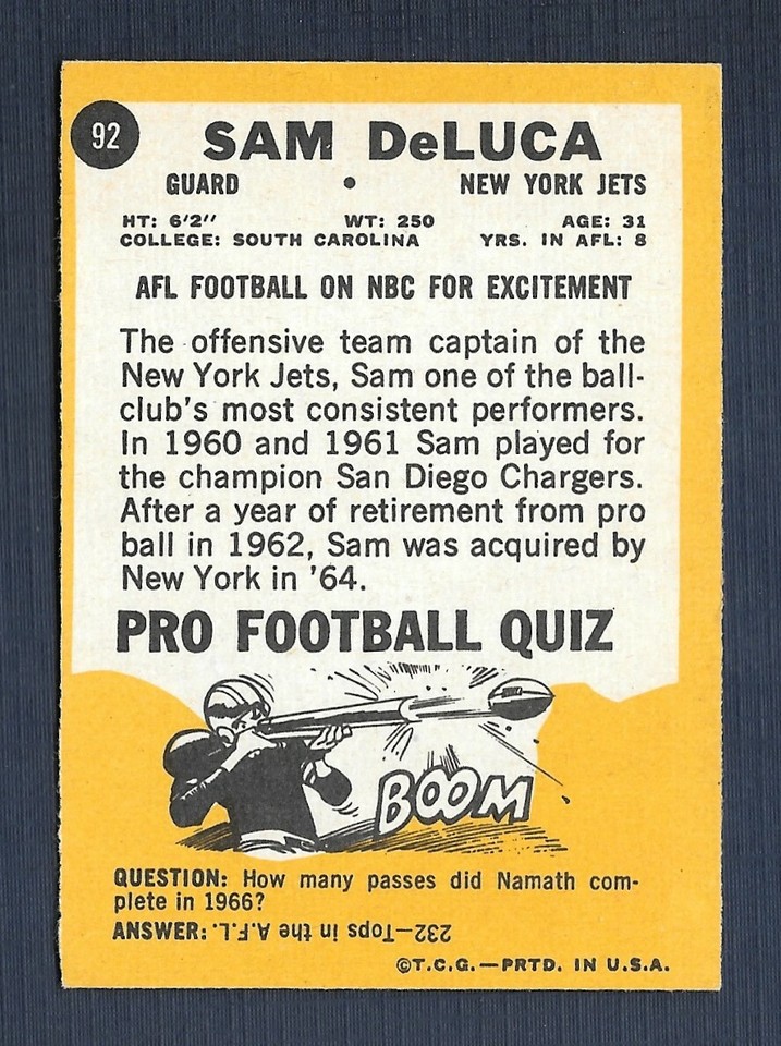 1967 Topps Sam DeLuca #92 New York Jets EX+ | eBay