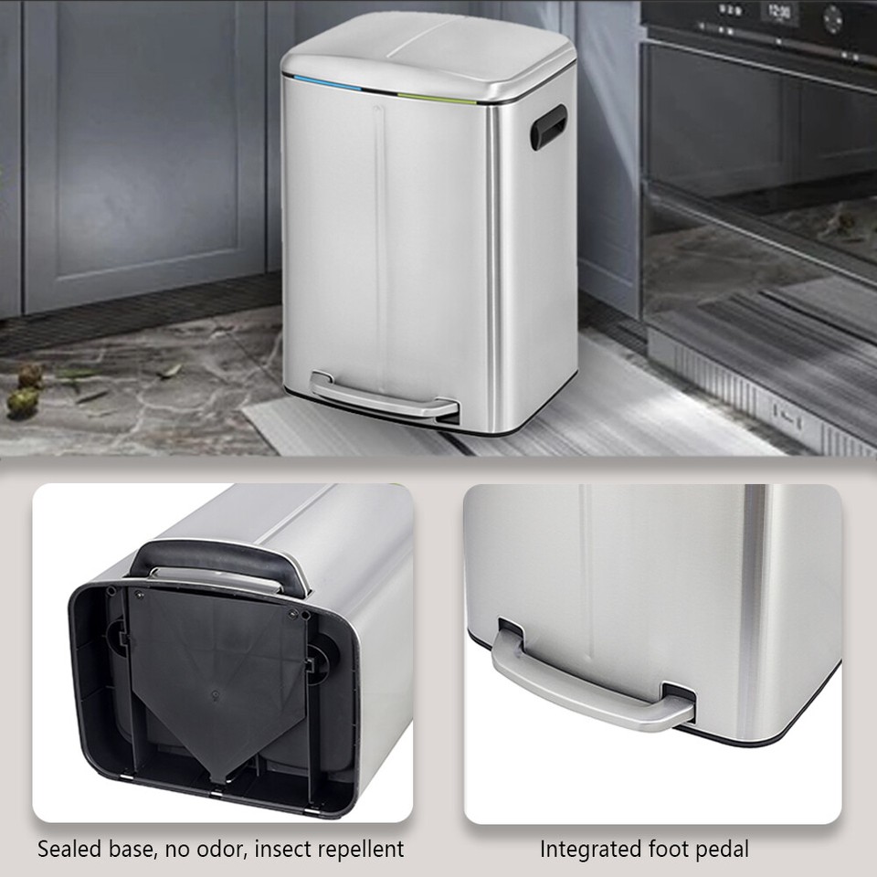 Double Rubbish Bin, Dual Compartment Metal Step Bin, with Plastic Inner ...