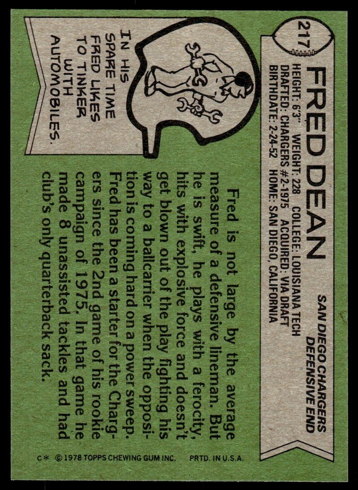1978 TOPPS FRED DEAN RC SAN DIEGO CHARGERS #217 | eBay
