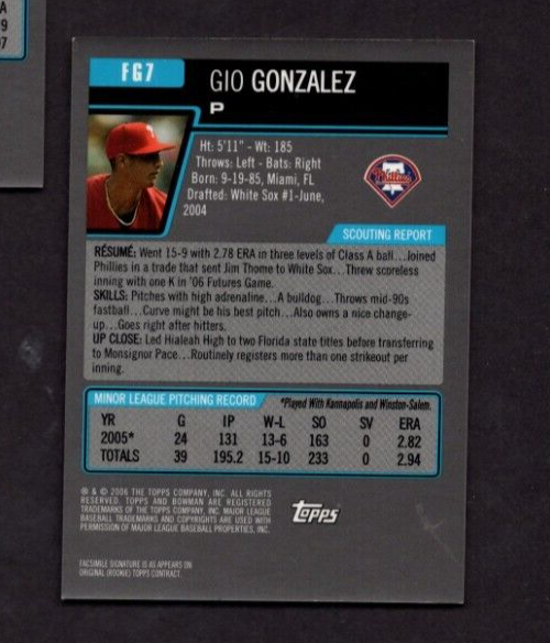 2006 Bowman Future Games Gold Card Gio Gonzalez Philadelphia Phillies # ...