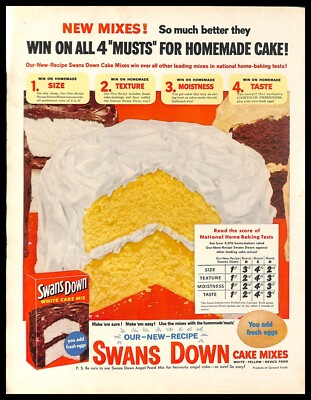 1954 Swans Down Cake Mixes Vintage PRINT AD New Mixes Win On All Musts ...