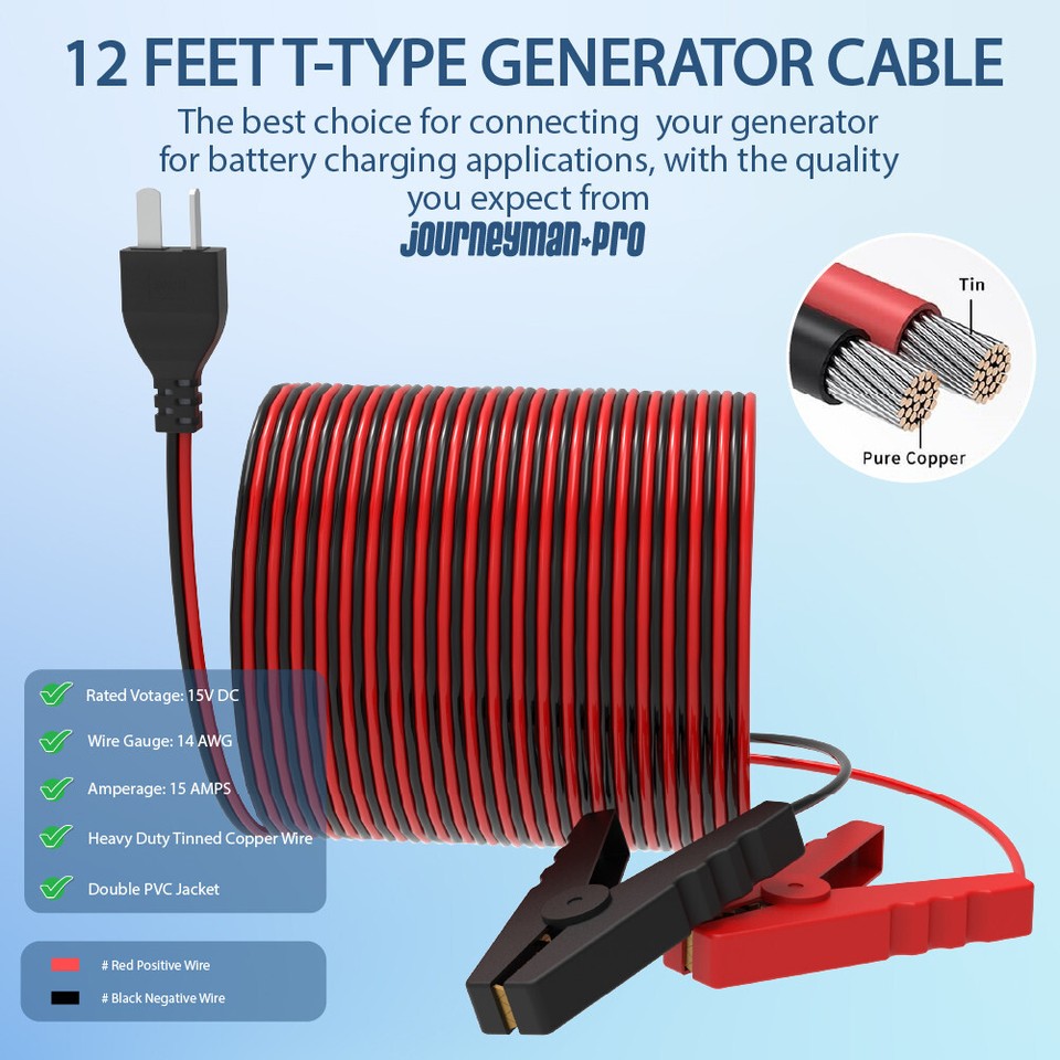 12V DC Generator Battery Charging Cables 12 Volt T-Type Plug 14AWG 15A ...