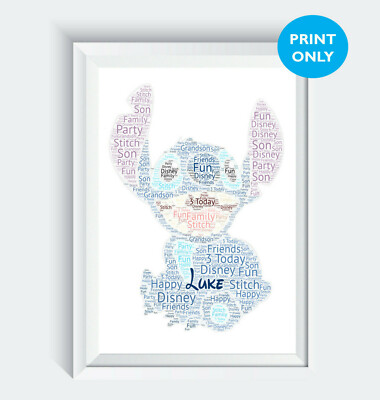Disney Stitch Personalised Word Art A4 Print Birthday Christmas Nursery ...