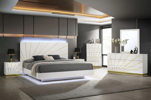 Modern Italian 5PC Gloss White Gold LED Queen King Bed Set Minimalist ...