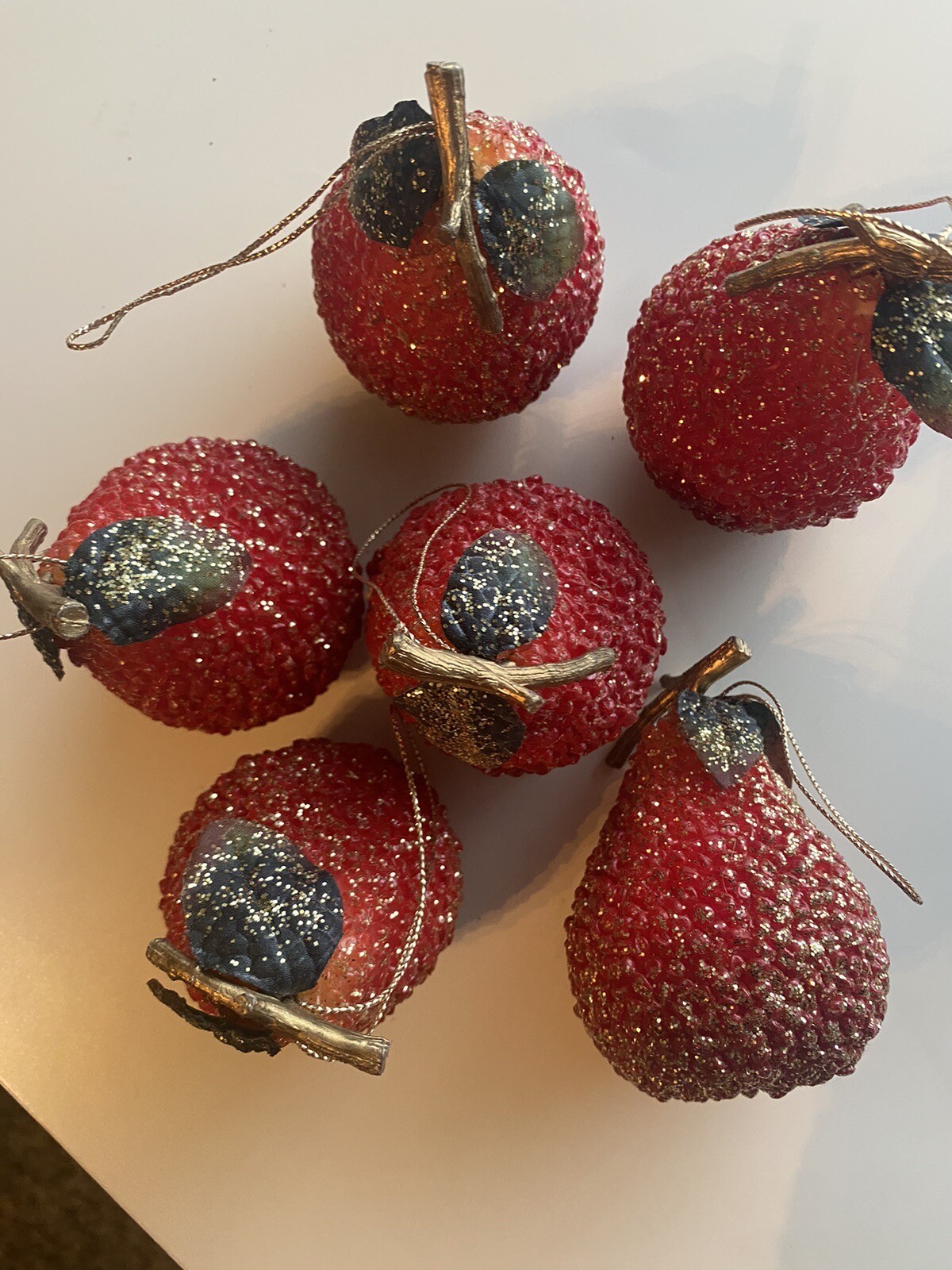 Sugared Beaded Fruit Ornaments Red Pears w Gold Glitter Christmas Decor ...