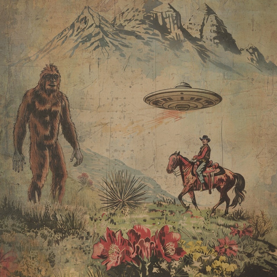 Retro SASQUATCH UFO COWBOY Wall Art, Western Alien Bigfoot Cactus ...
