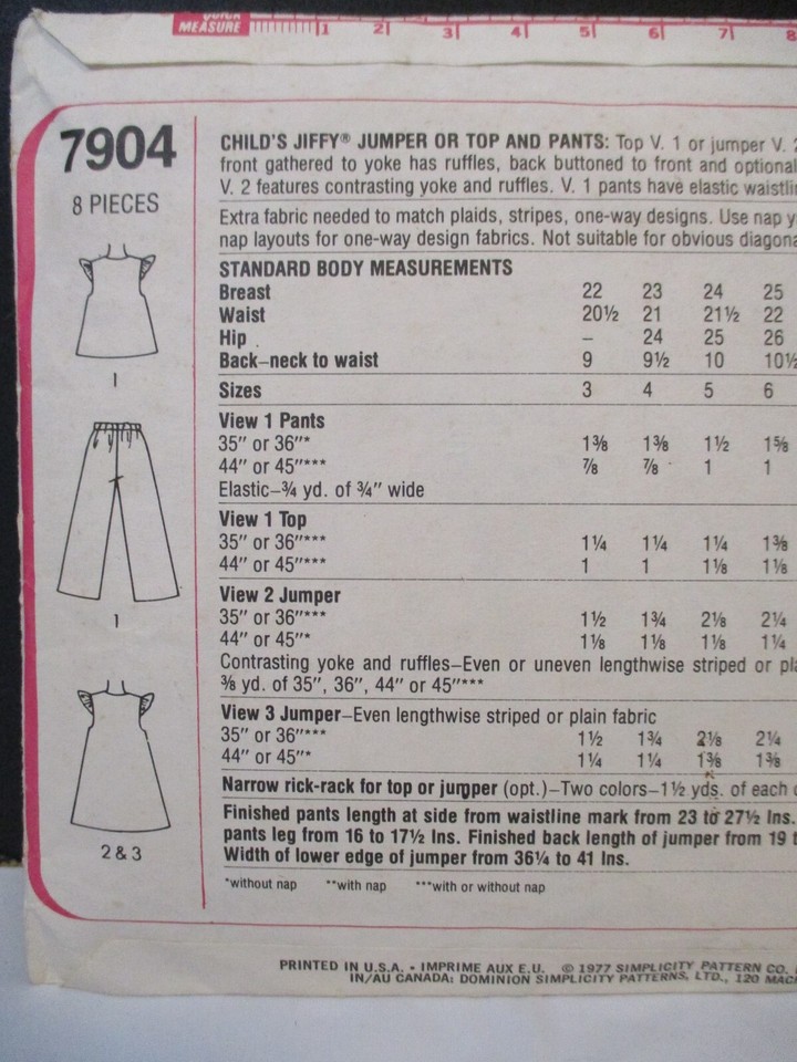 Simplicity Pattern 7904 Jumper Top Pants Child Girl Size 6 Cut Vintage ...