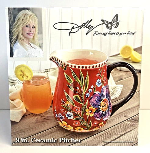 NEW Dolly Parton 9" Red Floral 85oz Ceramic Pitcher Country Farm ...