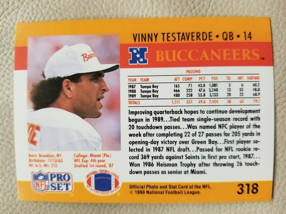 Vinny Testaverde Tampa Bay Bucks Quarterback Pro Set 1990 Card #318 | eBay