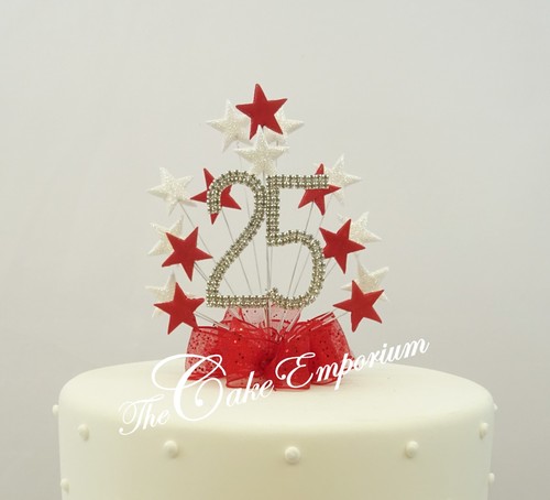 CAKE TOPPER RED STAR BURST SPRAY DIAMANTE BIRTHDAY & ANNIVERSARY ...